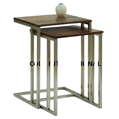 Stainless Steel Nesting Side Table With Wooden Top - Set Of 2 at 4317. ...