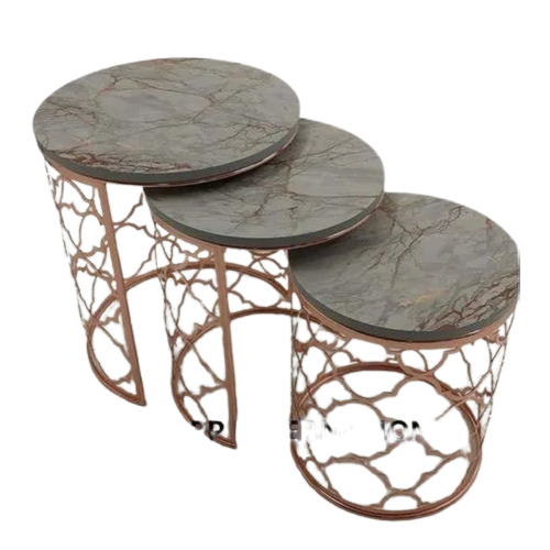Golden Finish Based Iron Nesting Table With Marble Top - Set Of 3 at ...